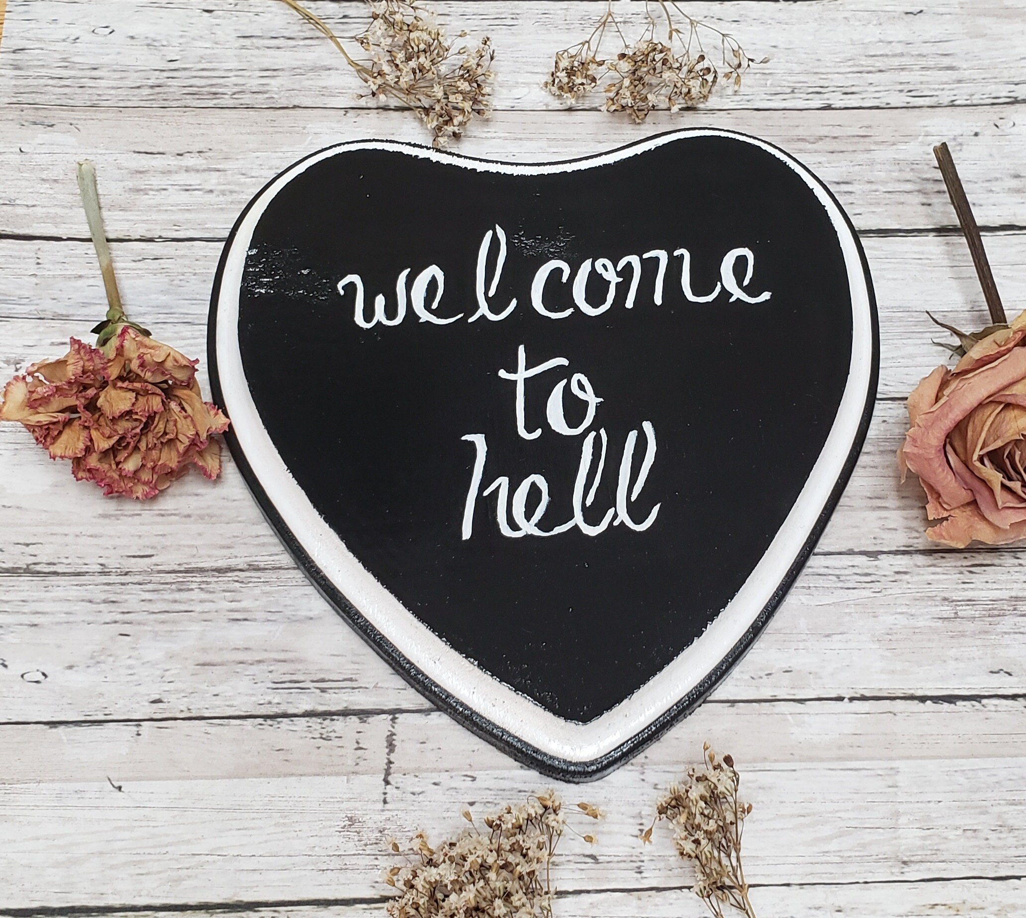 Welcome to Hell Hand Painted Black and White Heart Wooden Wall - Etsy ...