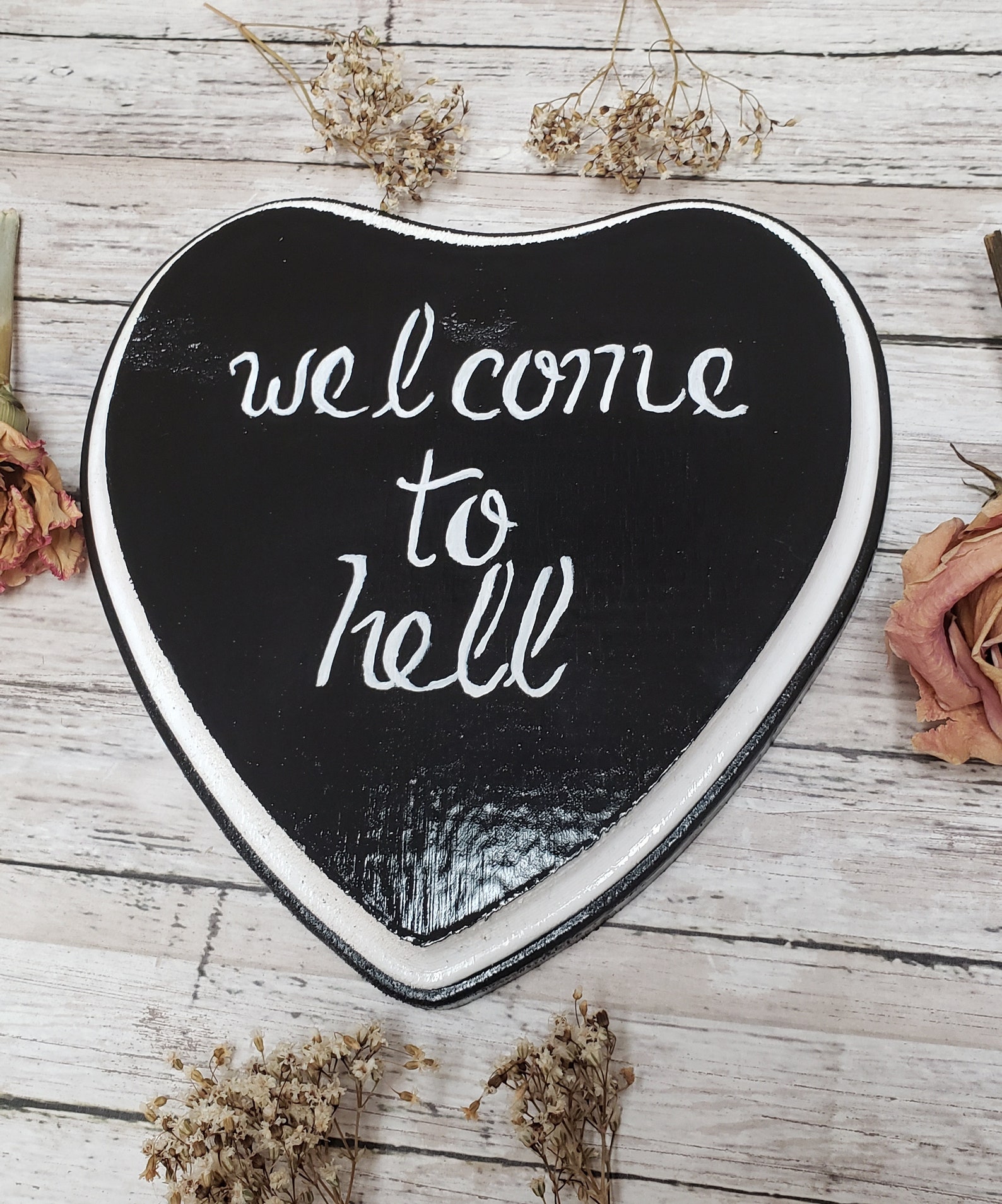 Welcome to Hell Hand Painted Black and White Heart Wooden Wall - Etsy ...