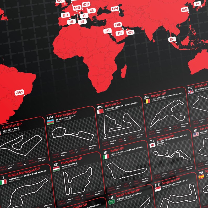 F1 Race Track Map - Large Poster Featuring All 24 Formula One Race ...