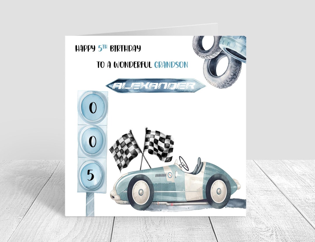 Boys Race Car Birthday Card, Blue Racer Personalised Birthday Card for ...