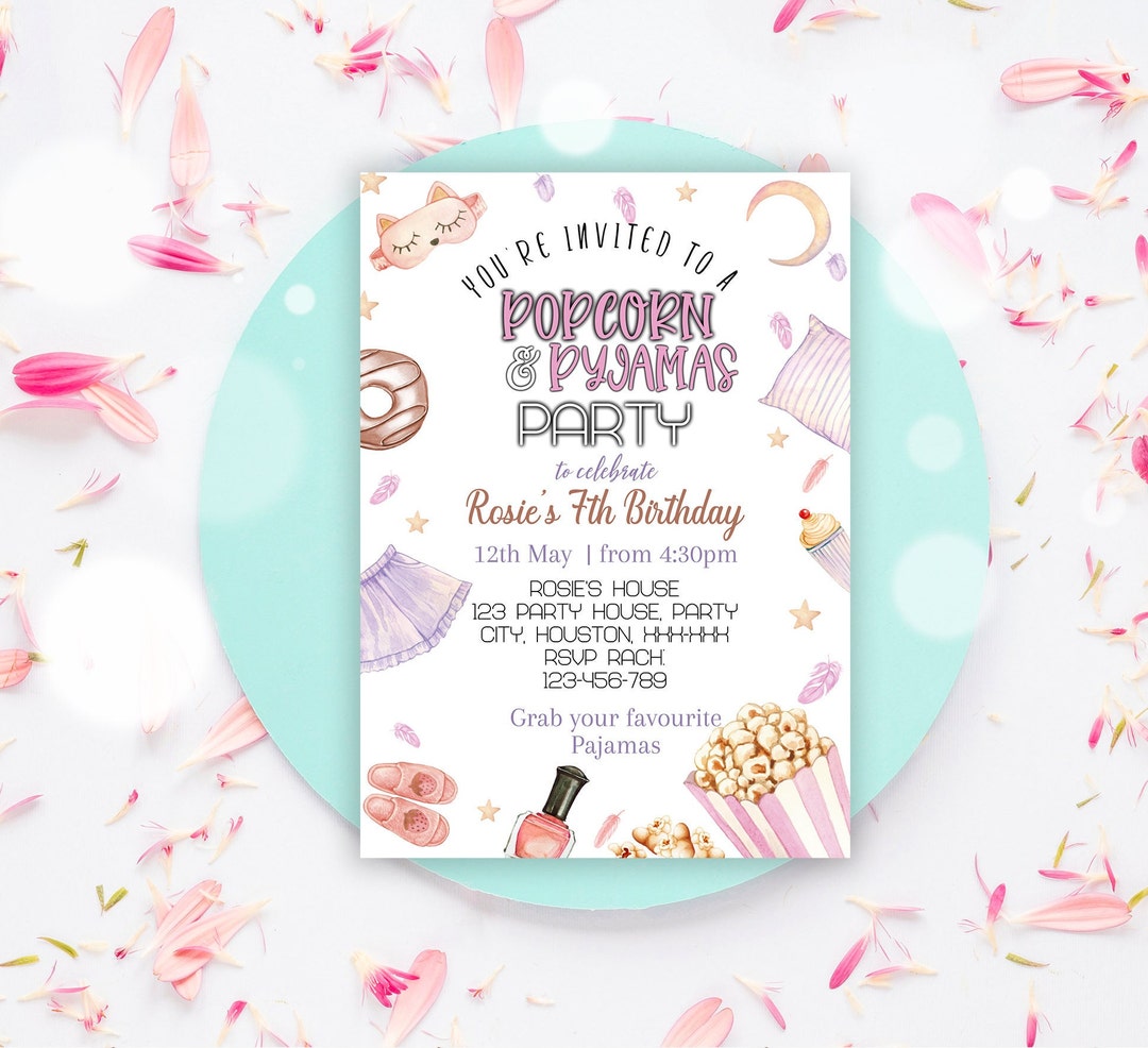 Popcorn And Pyjamas Party Invitation Sleepover Invitations Girls Slumber Party Birthdaygirls