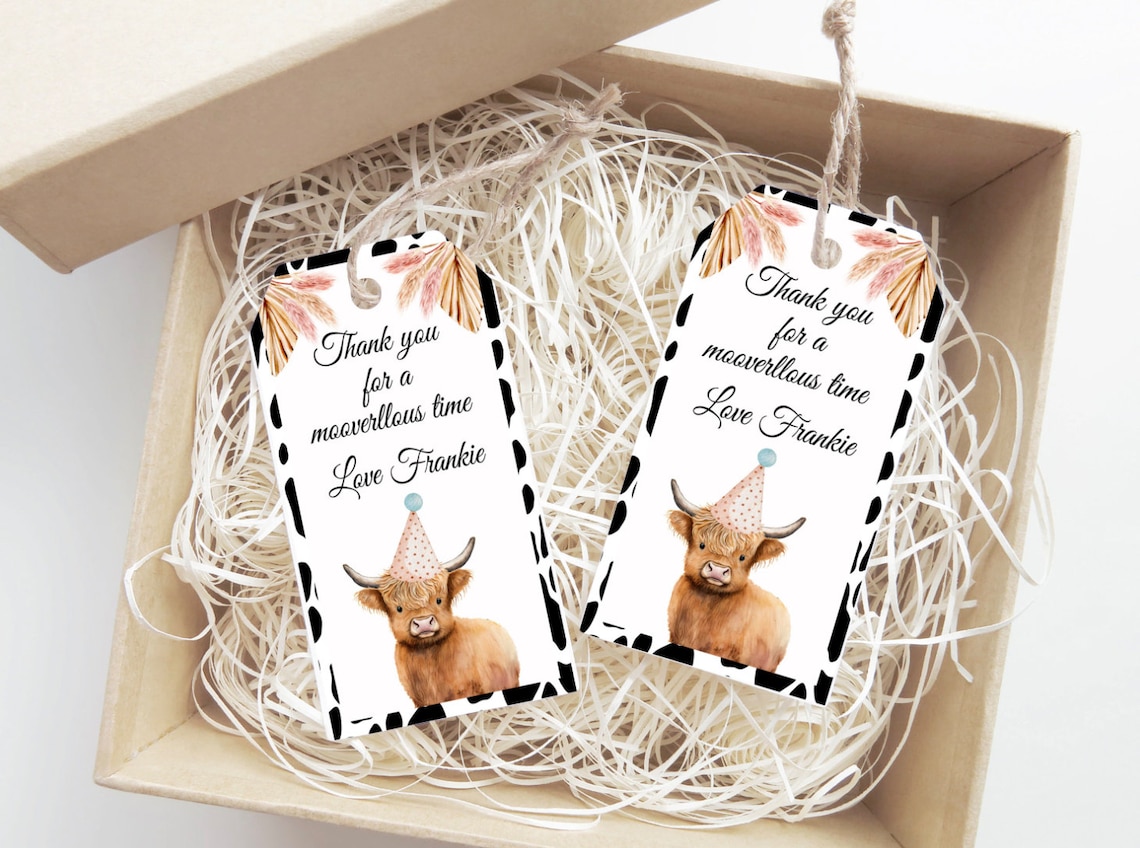Personalised Highland Cow Party Favour Tags , Girls Gift Tags Labels ...