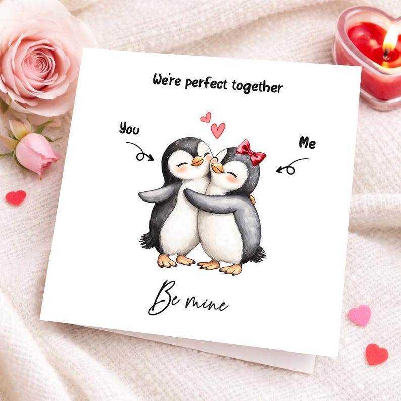 Happy Valentines Day Card, Penguin Card, Cute Valentines Card, Romantic ...