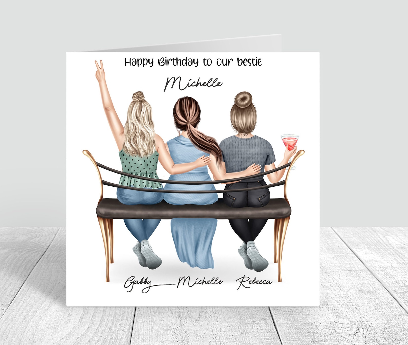 Besties/sisters /friends Happy Birthday Handmade Card Three Ladies ...