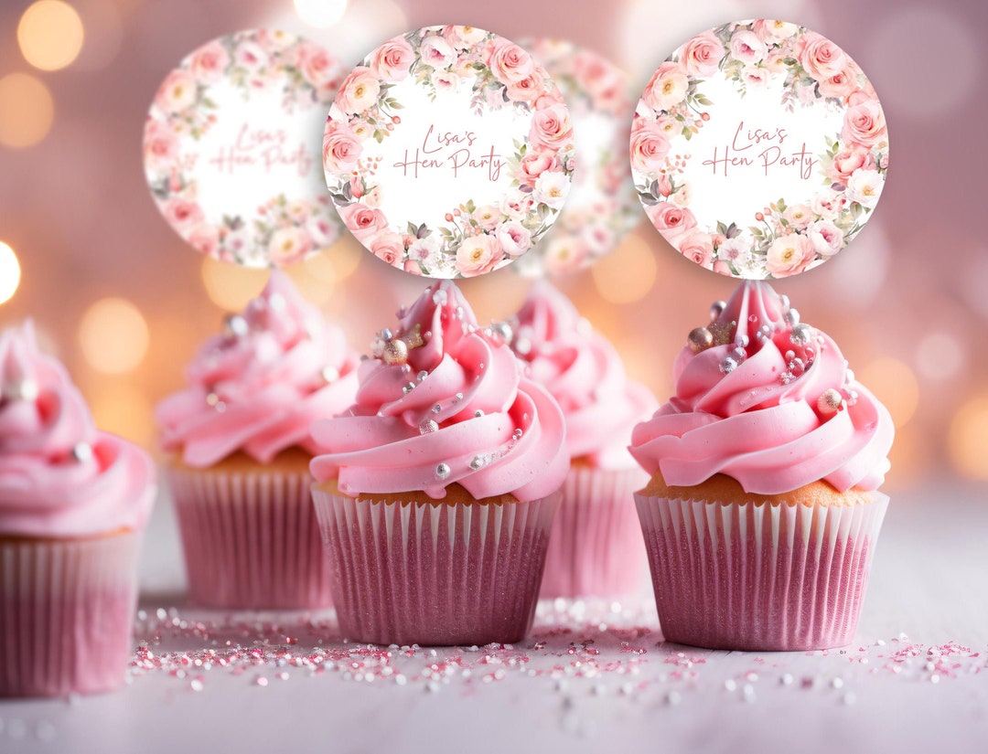 Personalised Hen Party Cupcake Toppers Floral | Pink Flowers | Simple ...