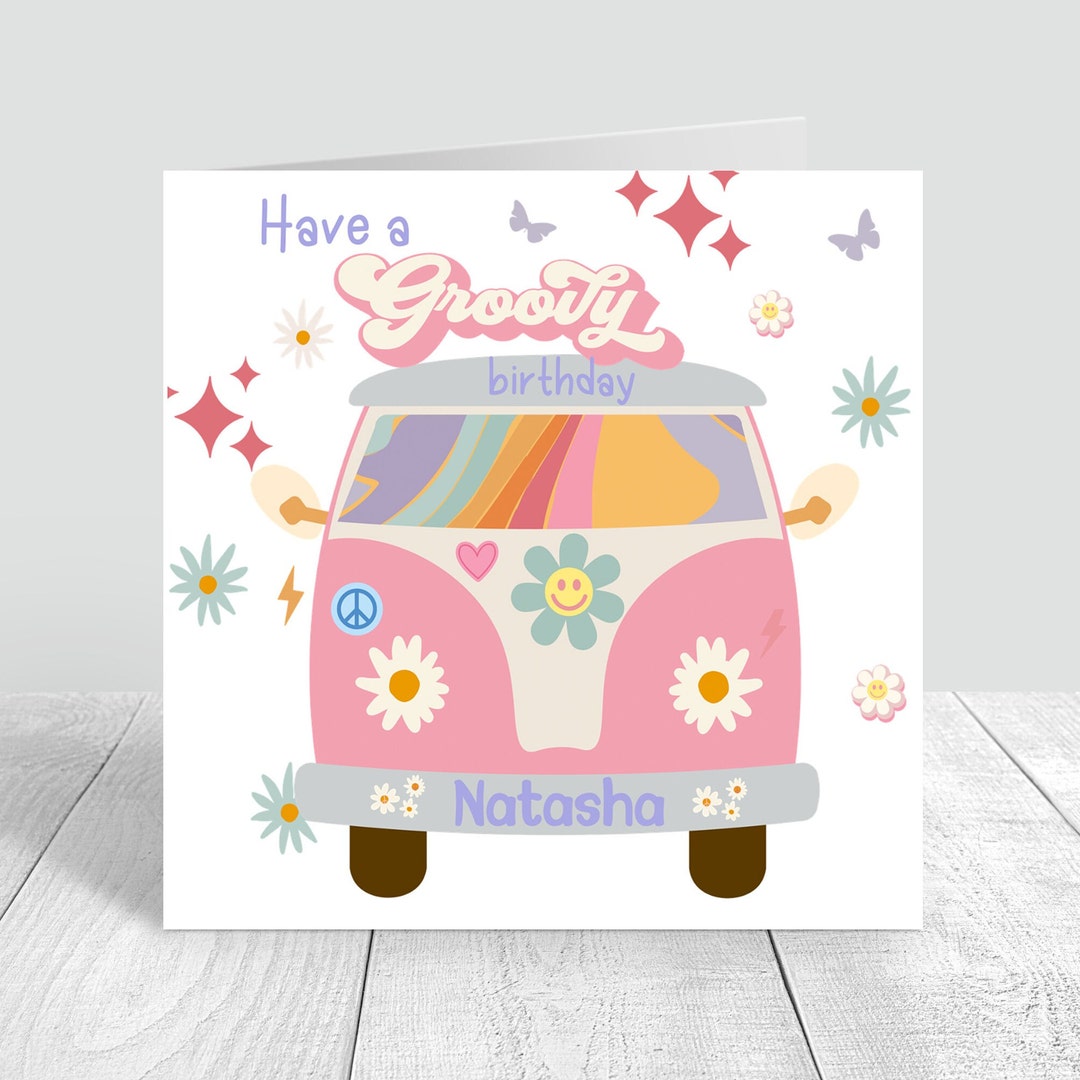Girls Groovy Birthday Card Personalised Greetings Card Retro Campervan ...