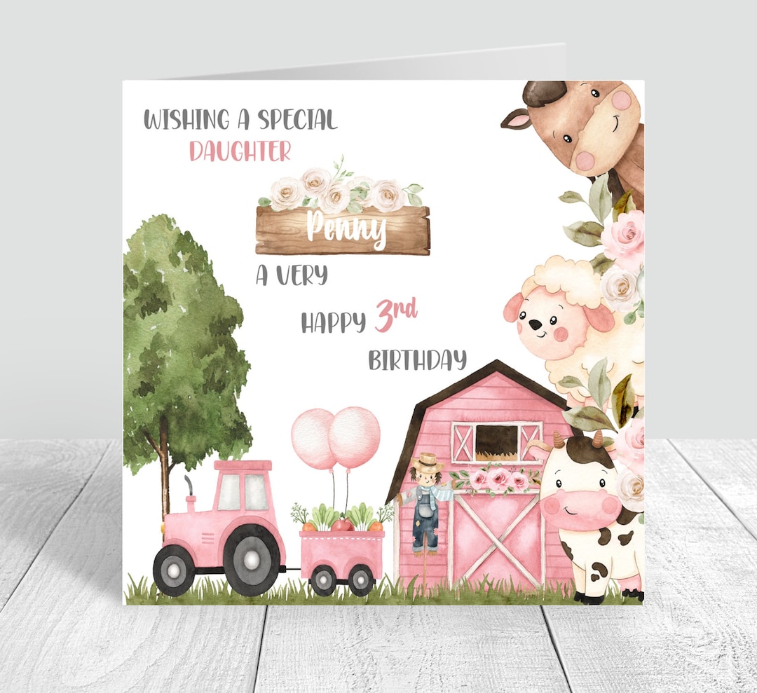 Girls Personalised Farm Birthday Card Handmade Farmyard Theme Pink ...