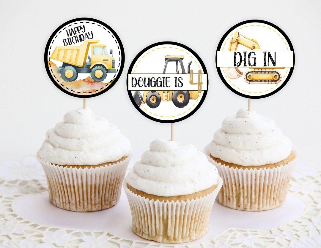 Boys Personalised Construction Cake Toppers Boys Birthday Party Cupcake ...