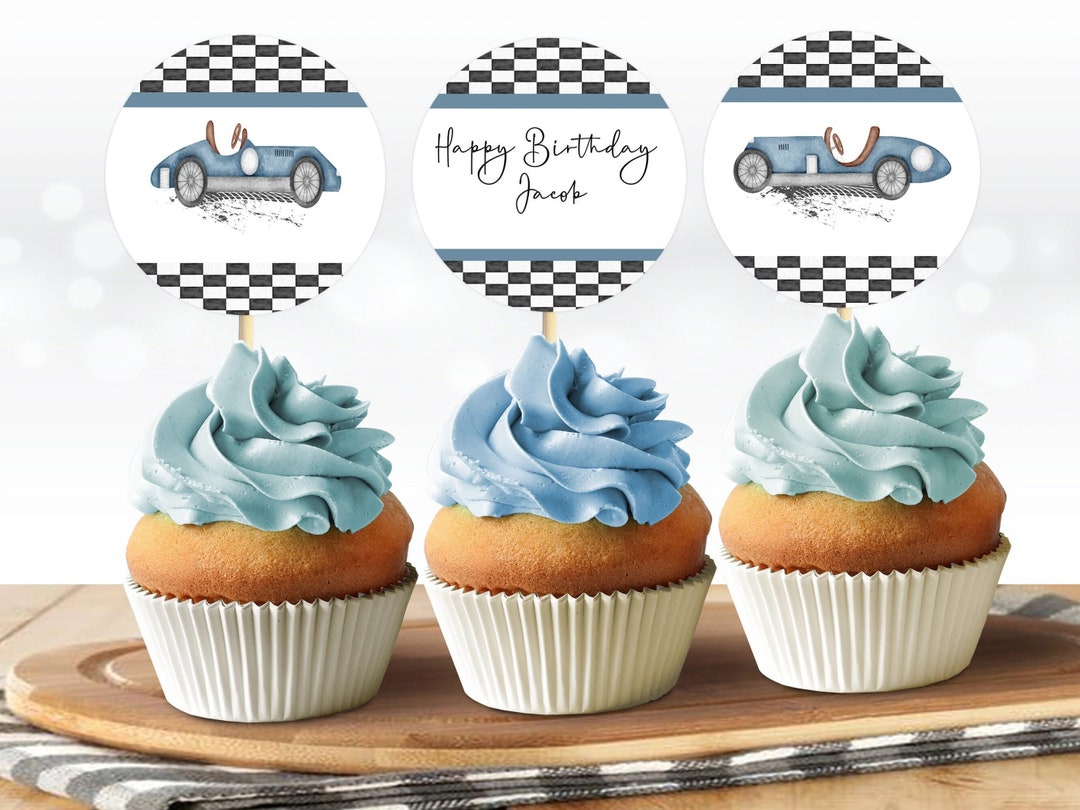 Boys Personalised Race Car Cake Toppers, First Birthday Blue Boys Cake ...