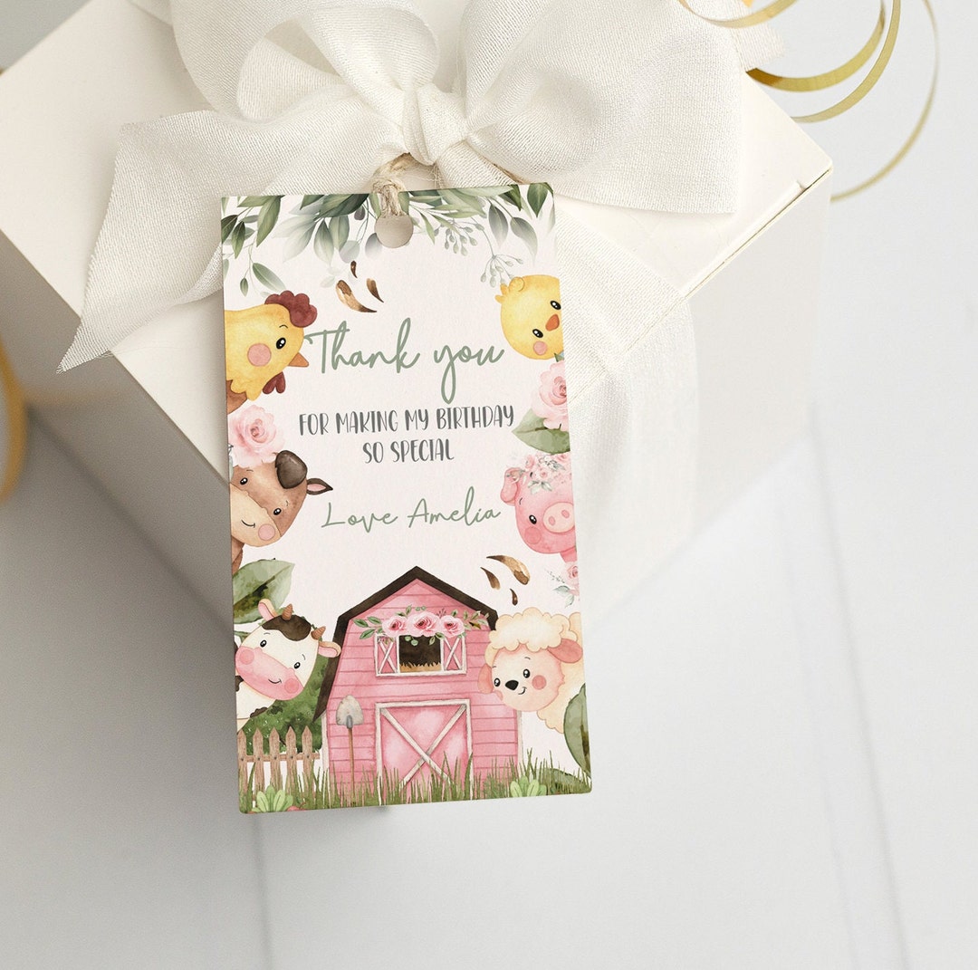 Personalised Pink Farm Animals Thank You Gift Tag Girls Birthday Tags ...