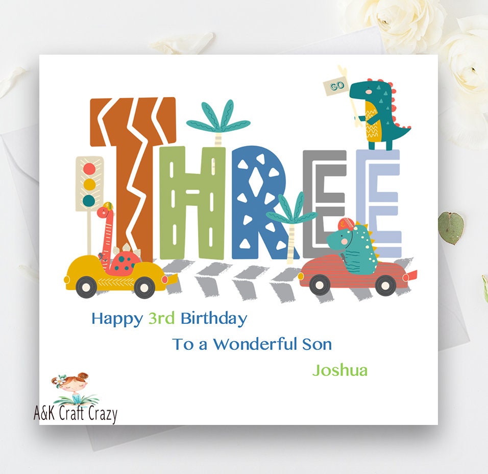 Personalised Boys 3rd Birthday Dinosaur themed Card Handmade | Etsy