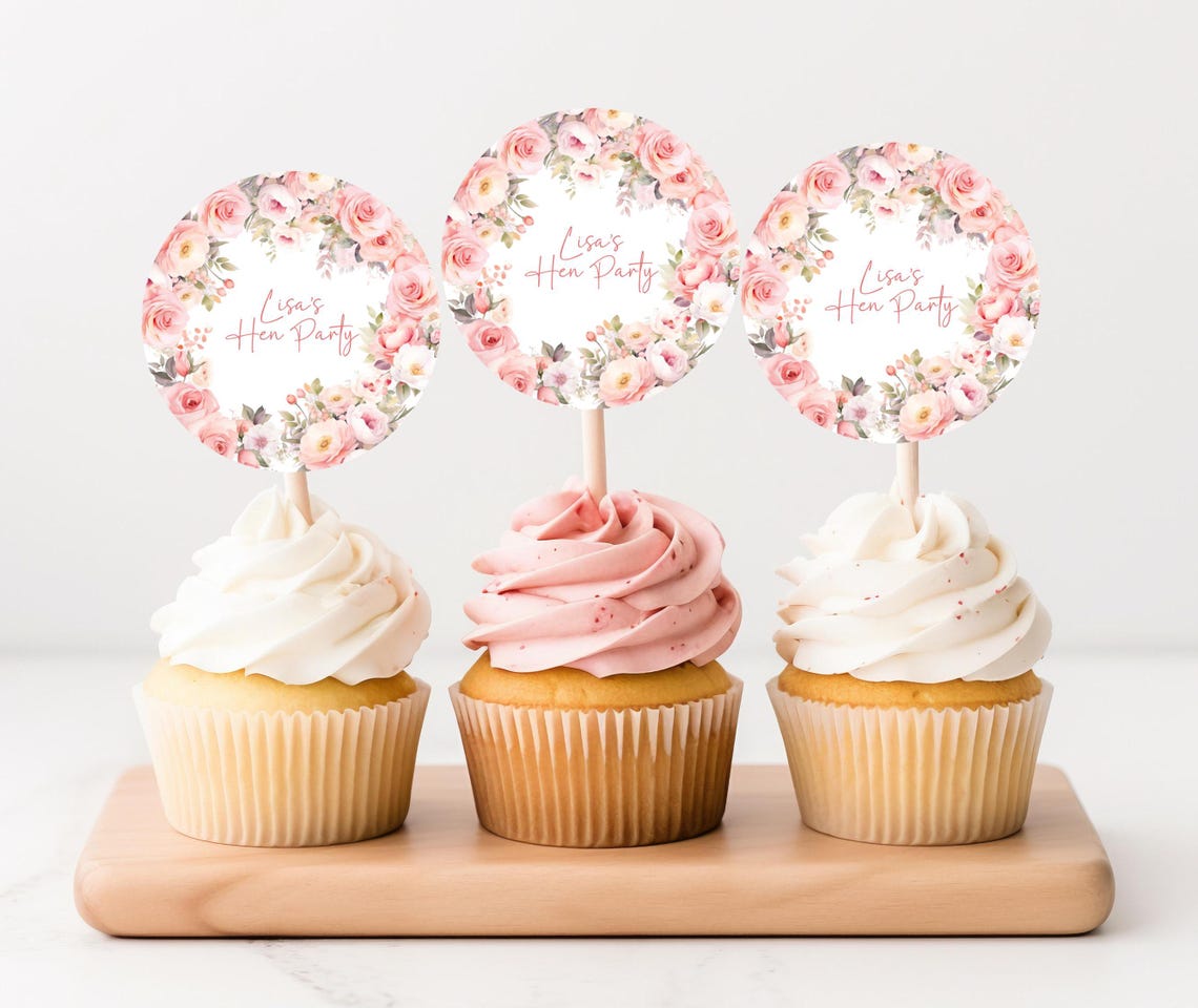 Personalised Hen Party Cupcake Toppers Floral | Pink Flowers | Simple ...