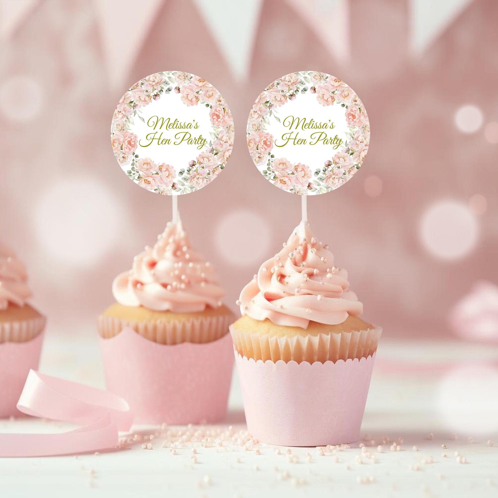 Personalised Hen Party Cupcake Toppers Floral | Pink Flowers | Simple ...