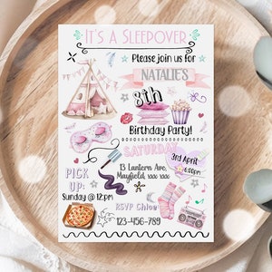 Personalised Sleepover Party Birthday Invitation, Girls Slumber Party ...