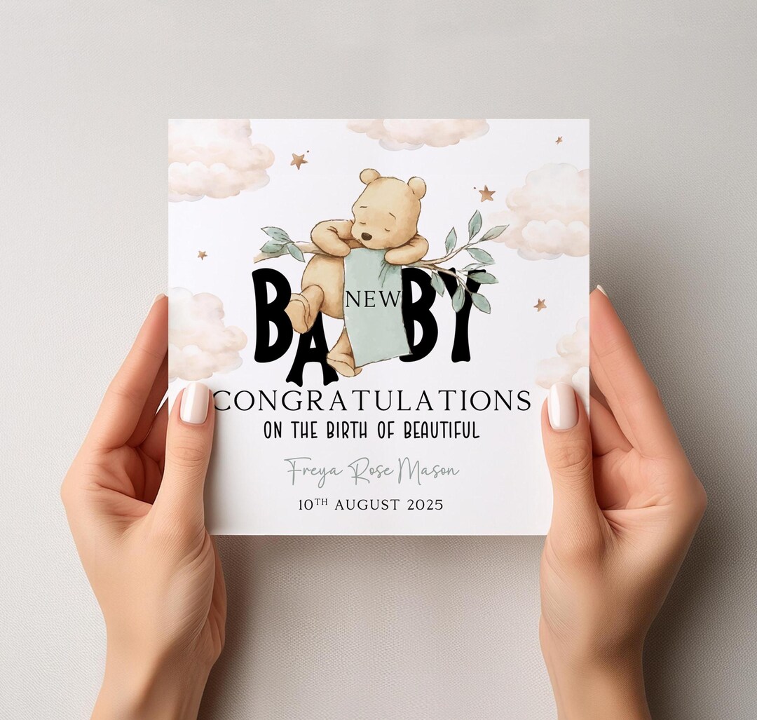 Personalised New Born Baby Card, Handmade Baby Boy Baby Girl , Pooh ...