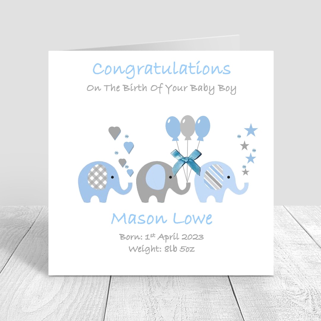 Congratulations Baby Boy Handmade Card Personalised, Baby Elephant ...
