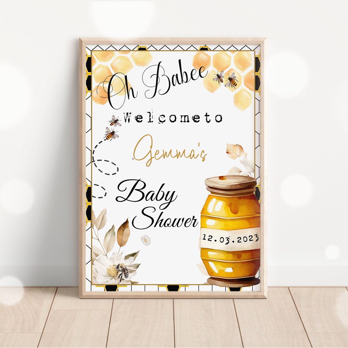 Personalised Welcome Baby Shower Sign, A3, Yellow Buzzy Bee Party Decor ...