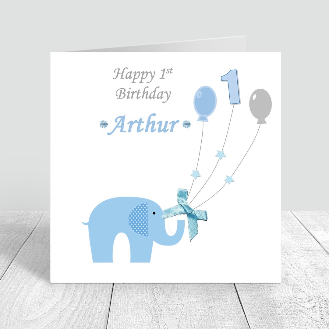 Baby Blue Elephant Boys Birthday Card Handmade and Personalised 1st 2nd ...