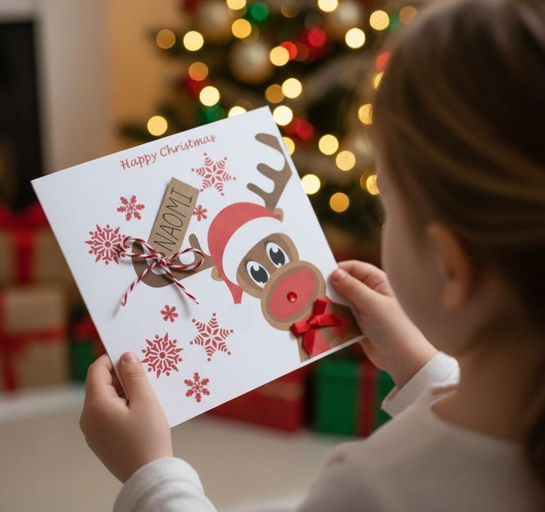 Personalised Reindeer Christmas Card – Cute Rudolph Card – Custom Name ...