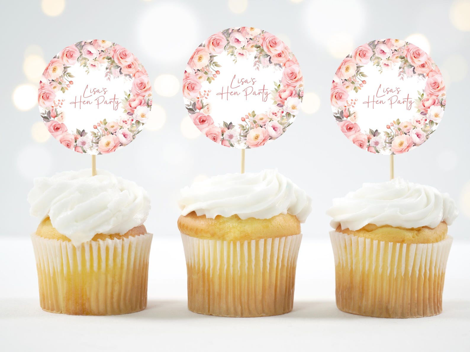 Personalised Hen Party Cupcake Toppers Floral | Pink Flowers | Simple ...
