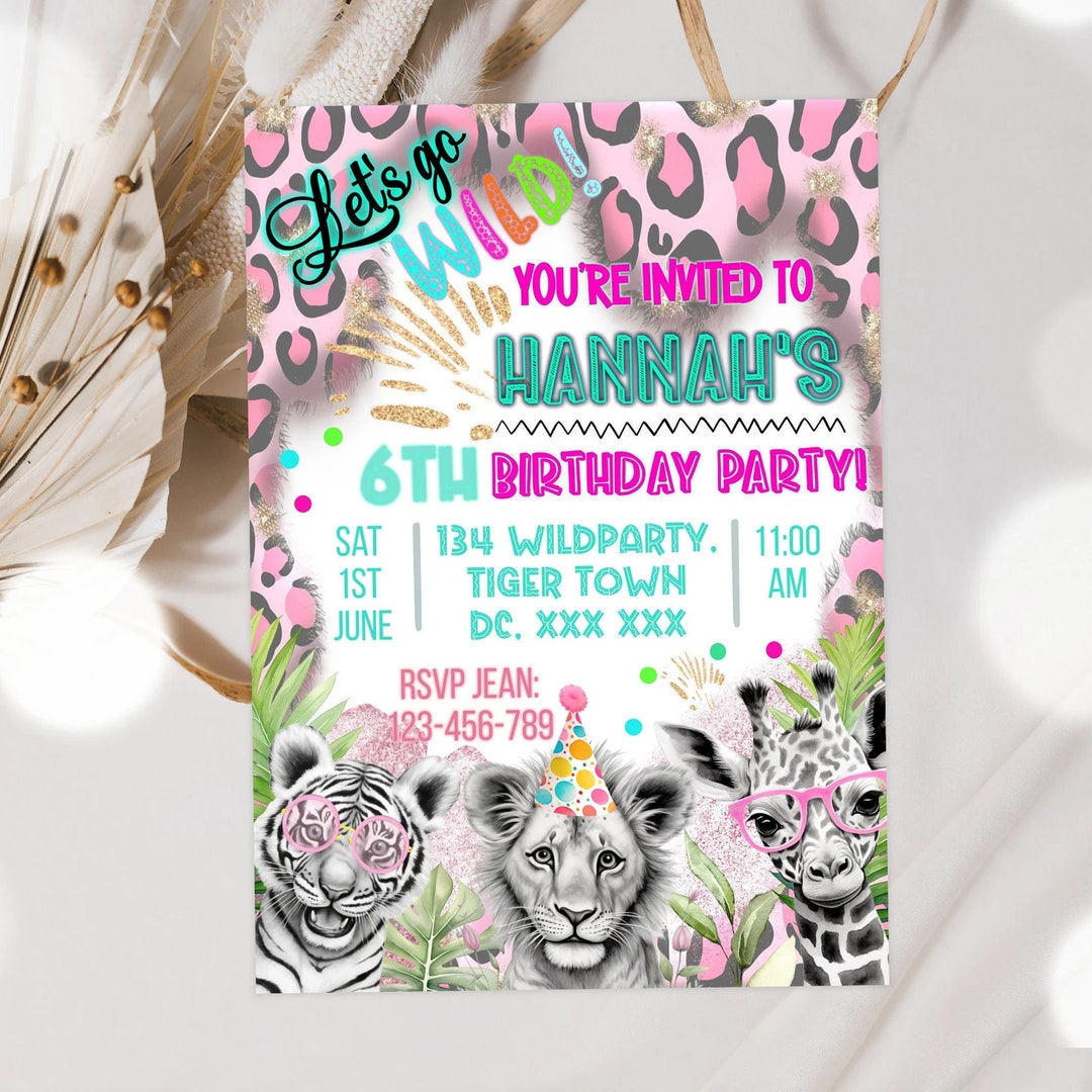 Personalised Party Animals Birthday Invitation, Pink Wild Animals ...