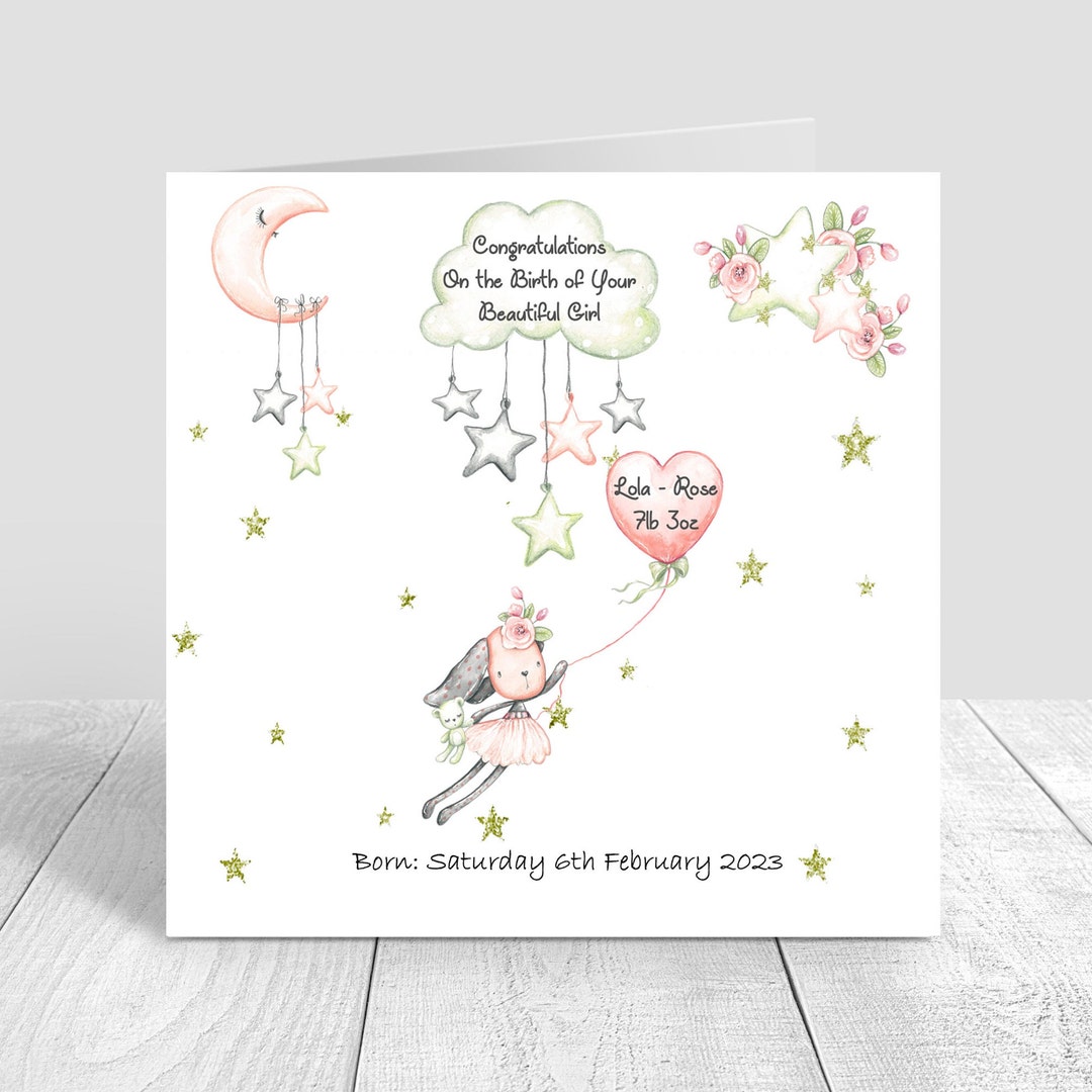 Congratulations Baby Girl Handmade Card Personalised| Baby Rabbit | New ...
