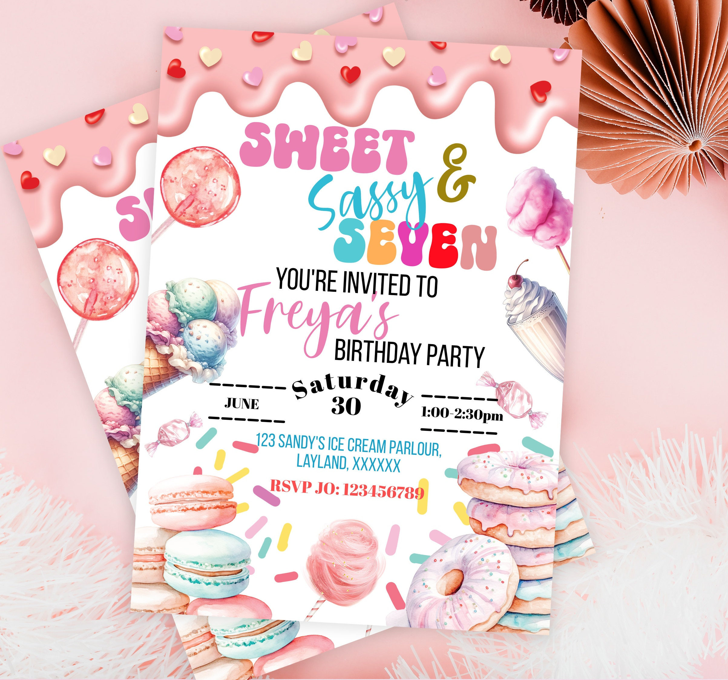 Girls Personalised Sweet Birthday Party Invitation, 7th, Girls Invites ...
