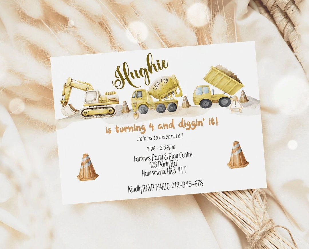 Personalised Boys Party Invitation Construction Birthday Invitation ...