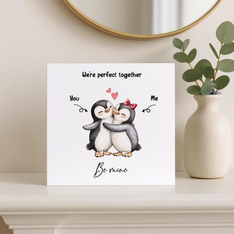 Happy Valentines Day Card, Penguin Card, Cute Valentines Card, Romantic ...