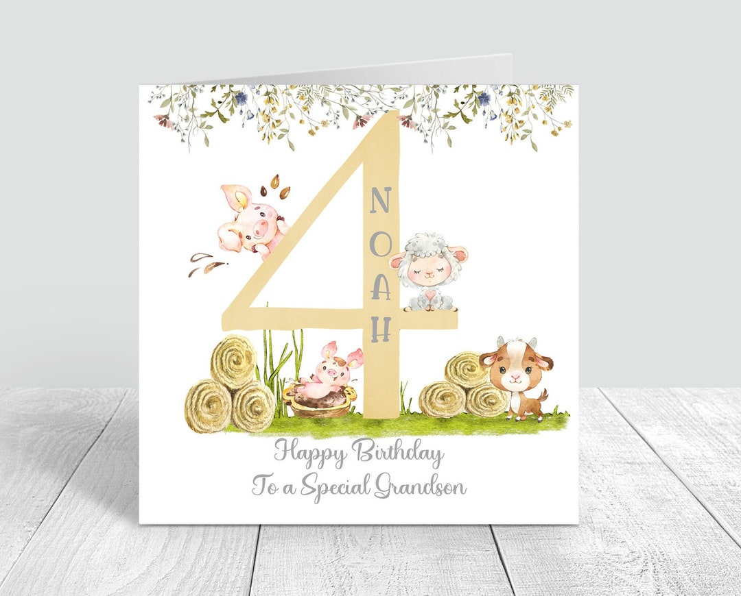 Personalised Boys 4th Farm Birthday Card Handmade Farm Yard Birthday ...