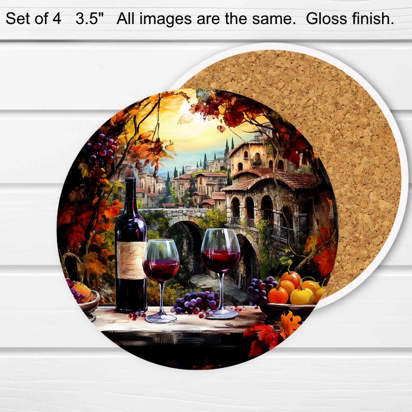 Set of 4 Ceramic Coasters, Wine Country, Italy, Vineyards, Coaster Set ...