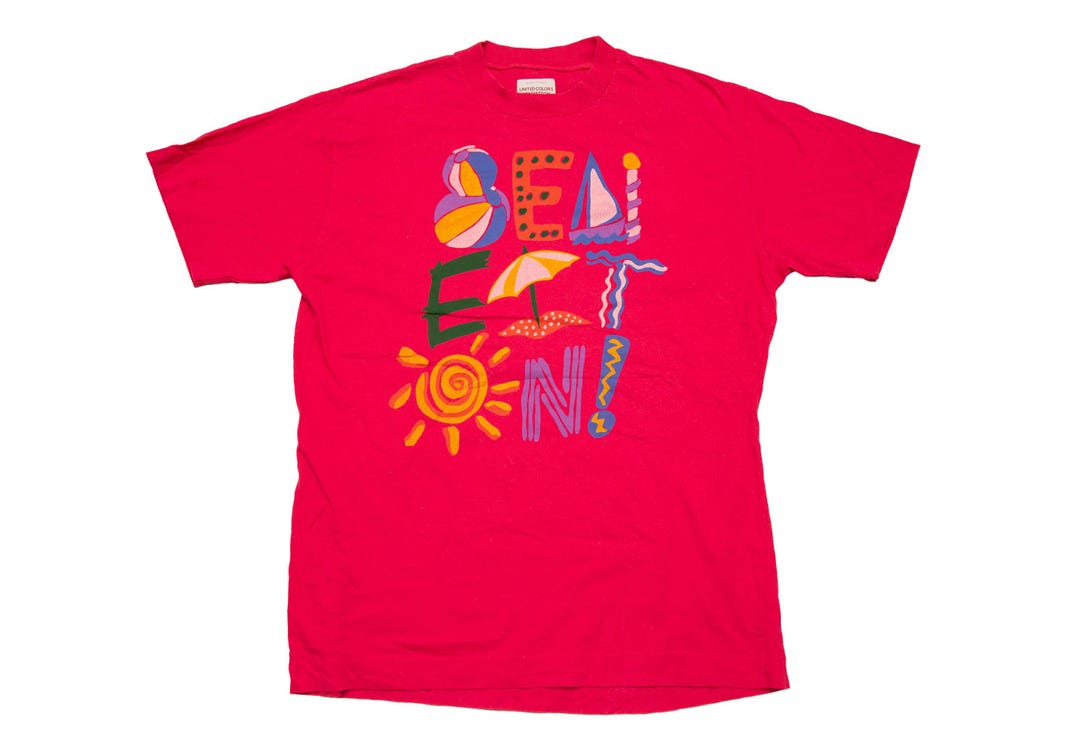Vtg United Colors of BENETTON Single Stitch Red Pink T-shit, Made in ...