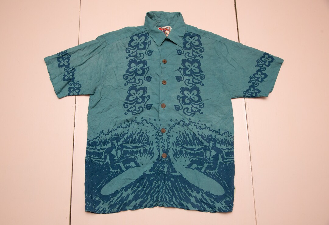 Vtg MAMBO Loud Shirts Hawaiian Surf Theme Rayon Blue Button Shirt ...