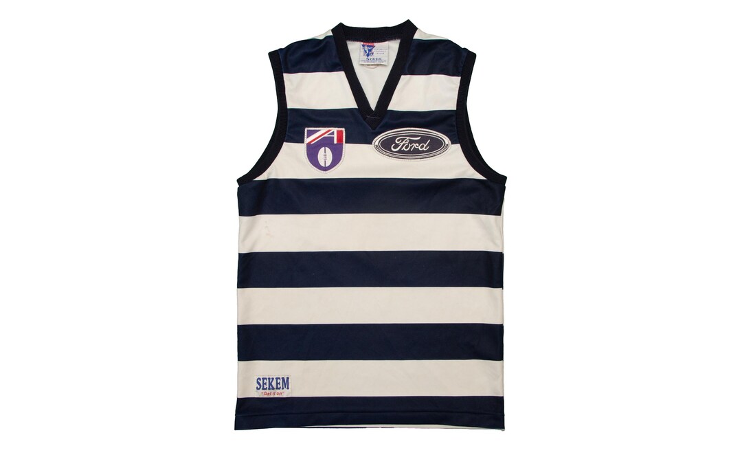 Vtg Geelong Cats SEKEM Rugby AFL Football Blue-white Striped Jersey ...