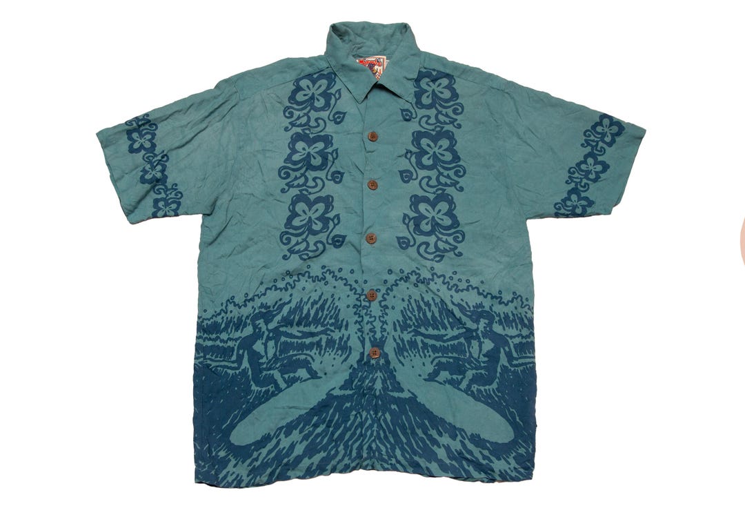 Vtg MAMBO Loud Shirts Hawaiian Surf Theme Rayon Blue Button Shirt ...