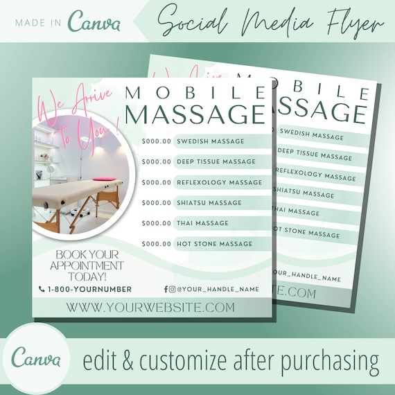Mobile Massage Therapy Flyer Template Mobile Masseuse Etsy