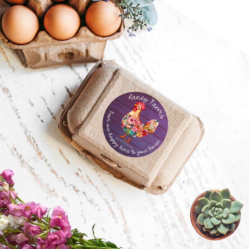 Personalized Egg Carton Stickers, Floral Hen Design, Farm Fresh Labels ...