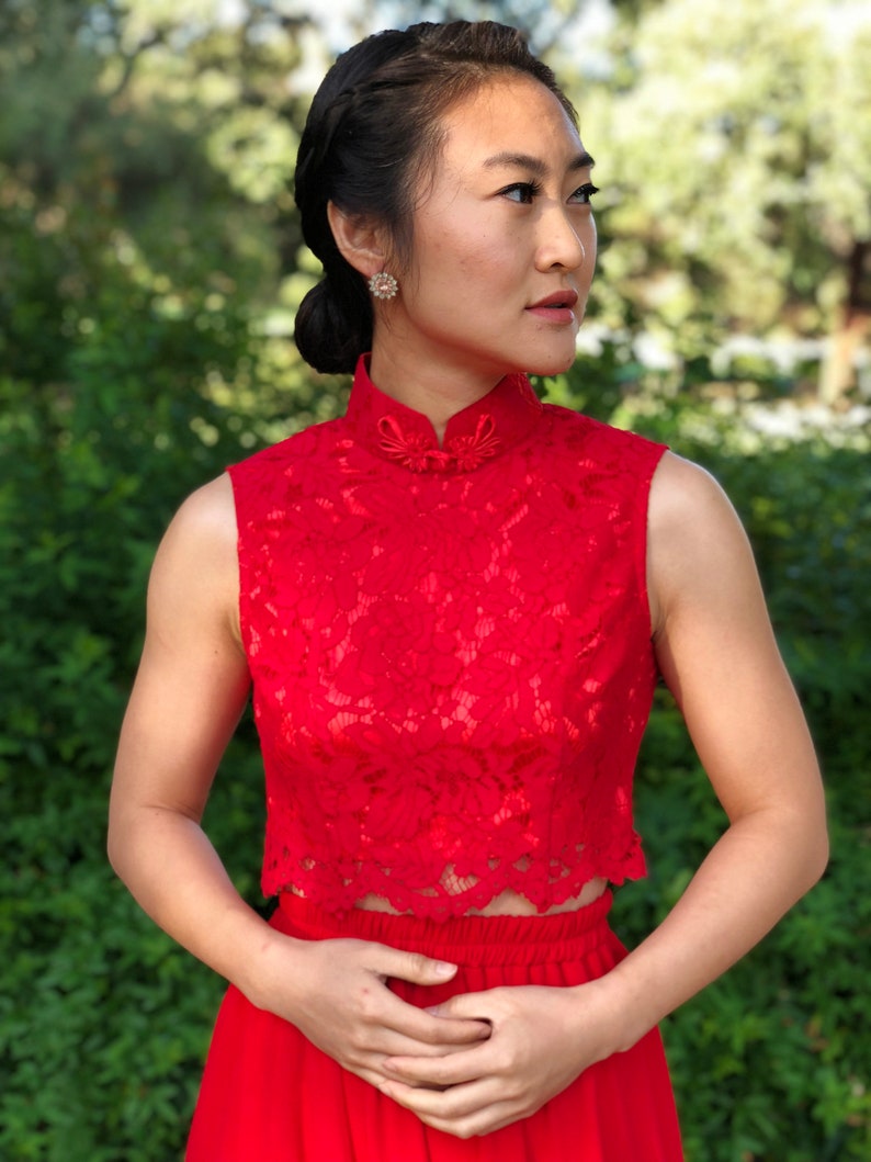 Custom Modern Two-piece Lace Cheongsam | Red Cheongsam | Custom Qipao ...