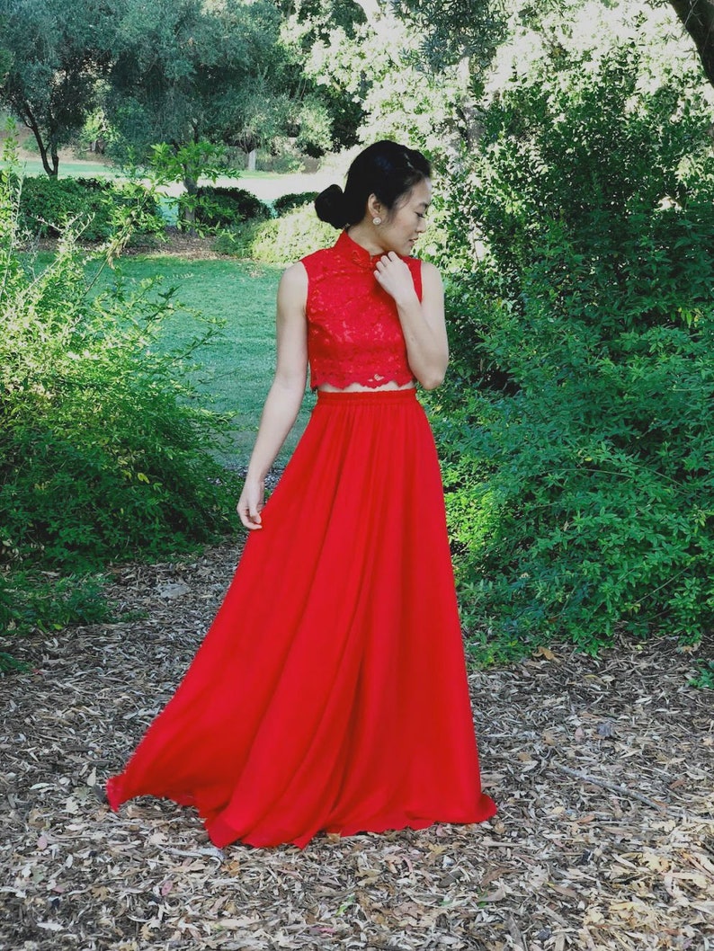 Custom Modern Two-piece Lace Cheongsam | Red Cheongsam | Custom Qipao ...