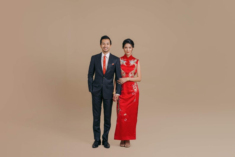Red Brocade Skinny Dragon Tie With Embroidered Chinese Dragons ...