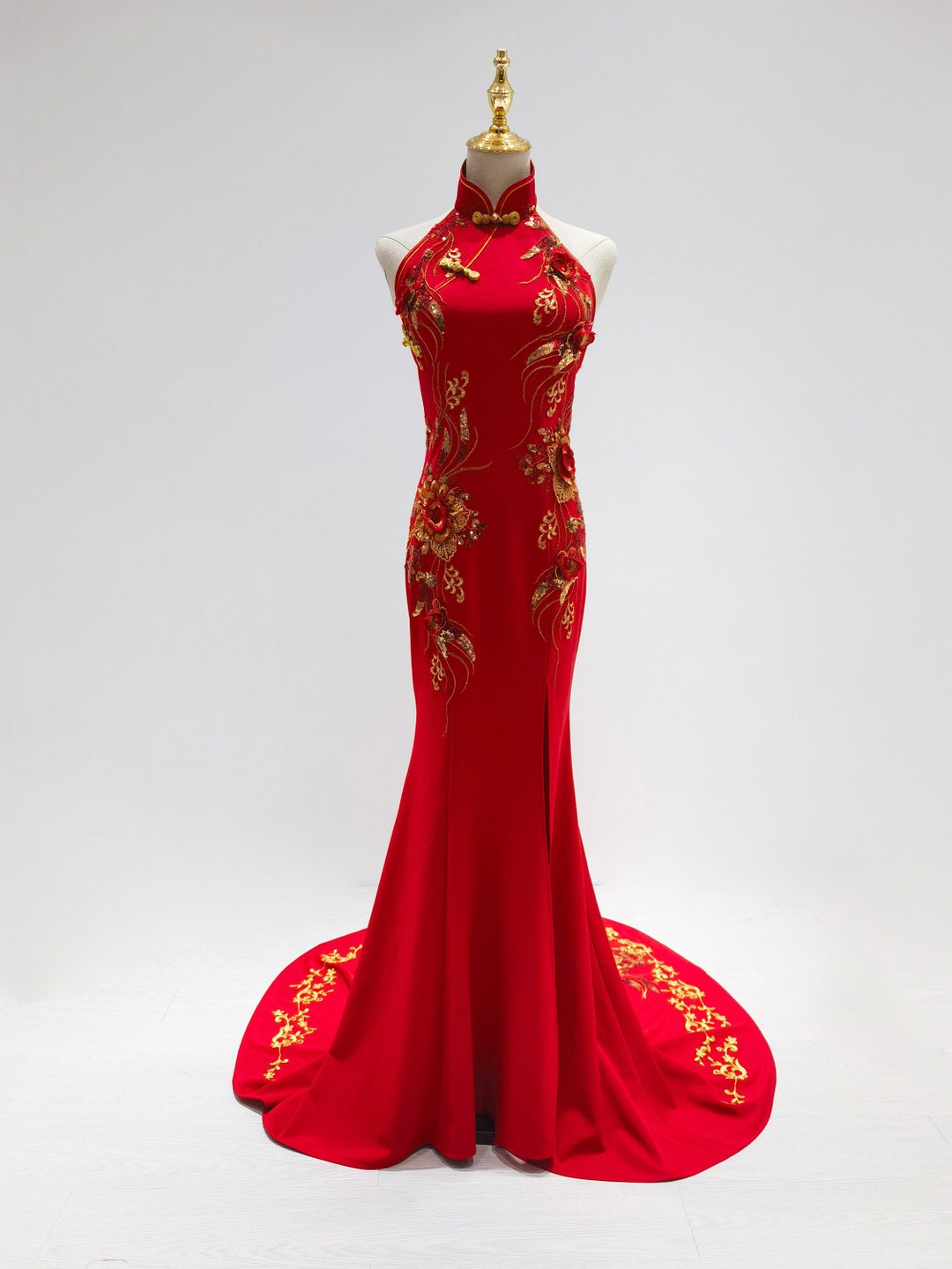 Modern Halter Top Cheongsam, Custom Chinese Wedding Dress, Red Qipao ...