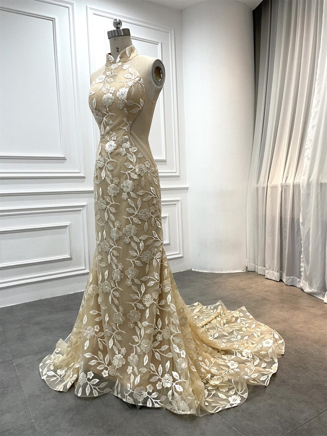 Champagne Wedding Dress, Chinese Floral Lace Wedding Dress, Modern ...
