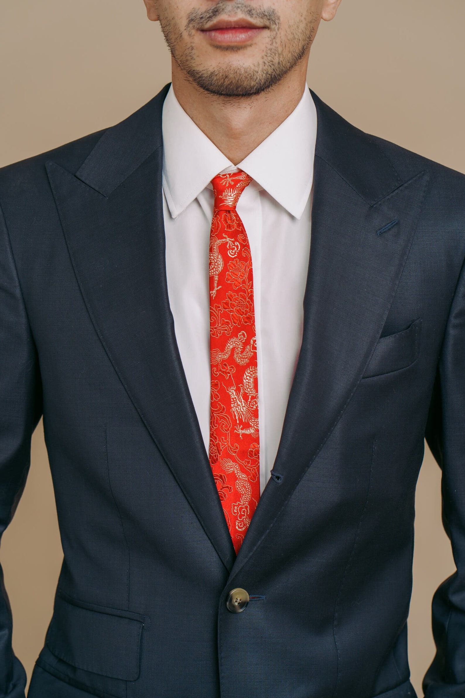 Red Brocade Skinny Dragon Tie With Embroidered Chinese Dragons ...