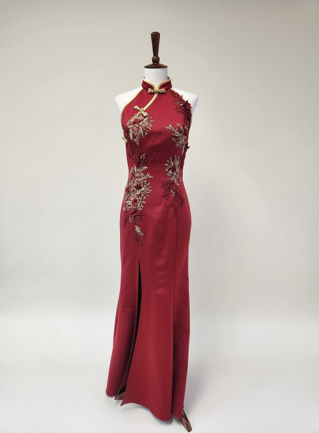 Wine Red Halter Cheongsam Sample Dress, Chinese Wedding Dress, Red ...