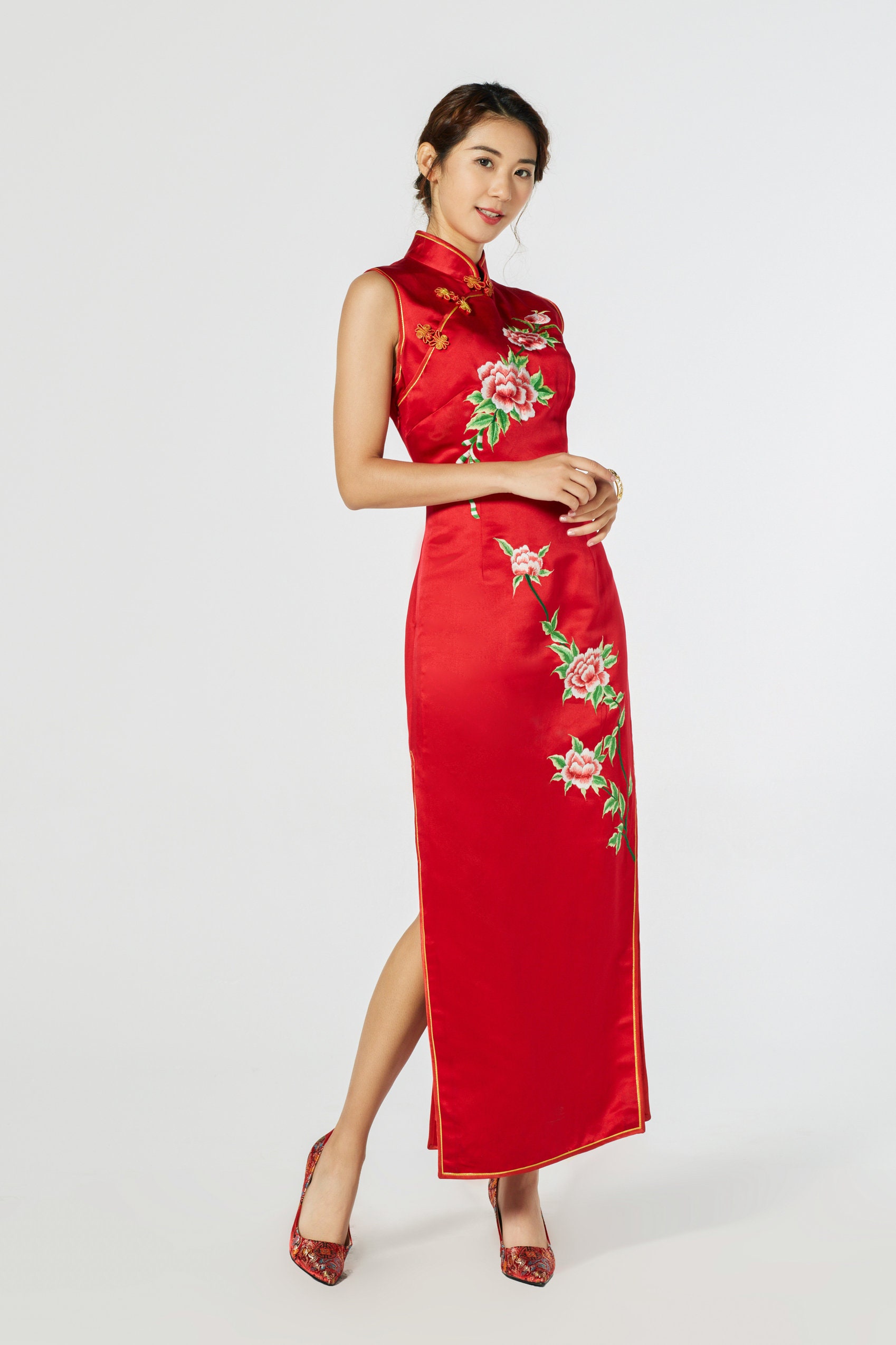 Red Floral Cheongsam | Chinese Wedding Dress | Cheongsam Qipao Dress ...
