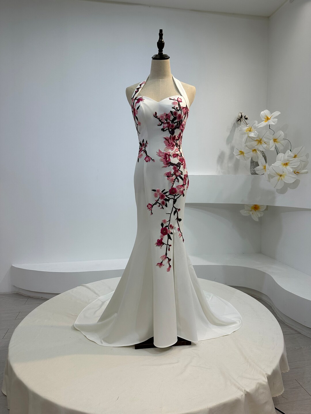 White Halter Cheongsam Wedding Dress, White Floral Chinese Dress, White ...