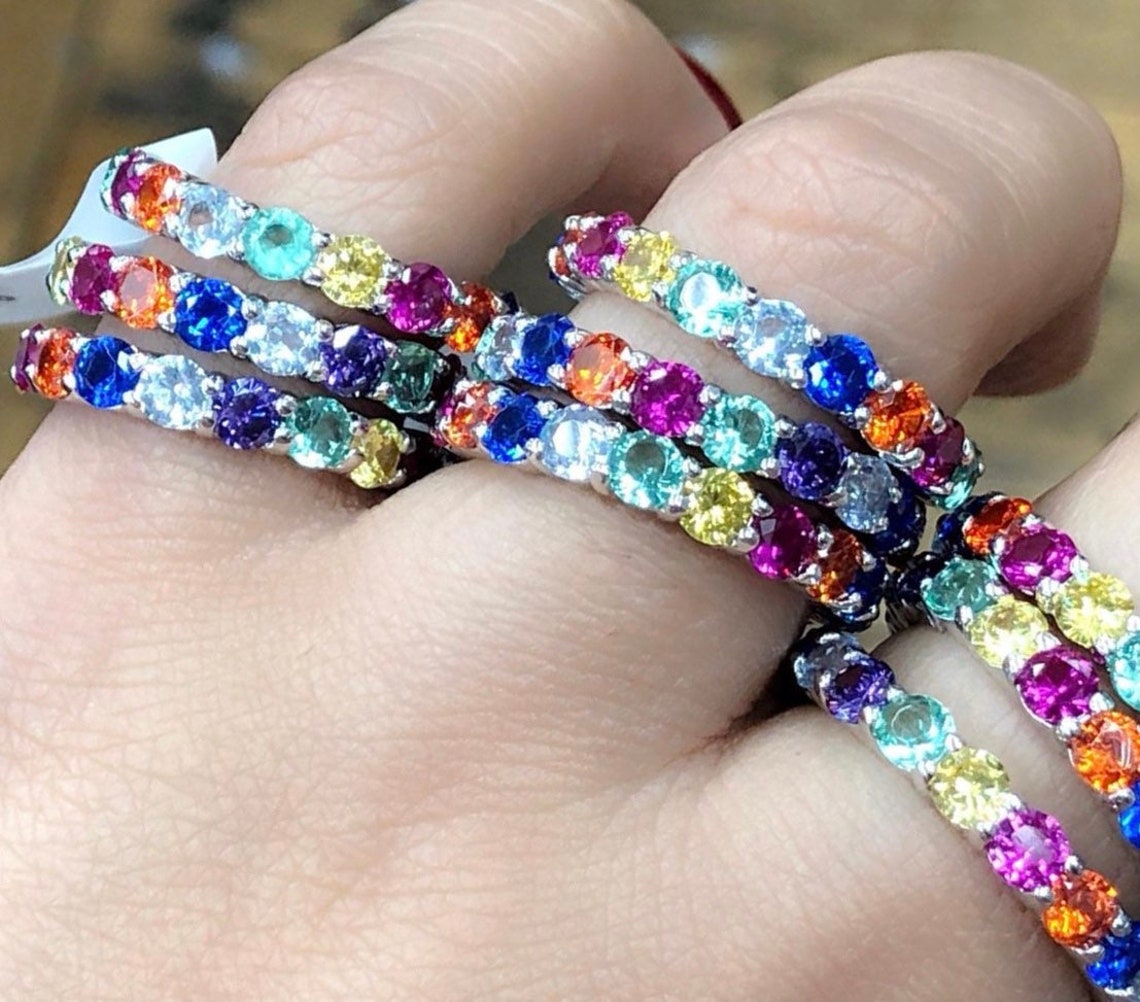 Rainbow Crystal Ring Round Rainbow CZ Eternity Band Silver | Etsy