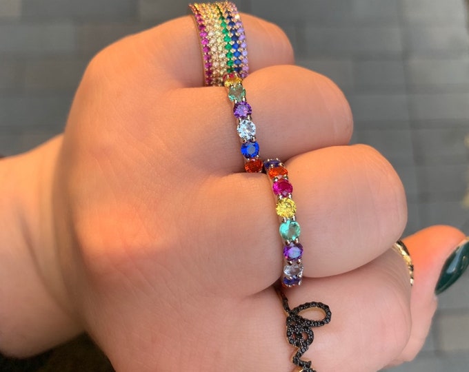Rainbow Crystal Ring Round Rainbow CZ Eternity Band Silver Rainbow Ring ...