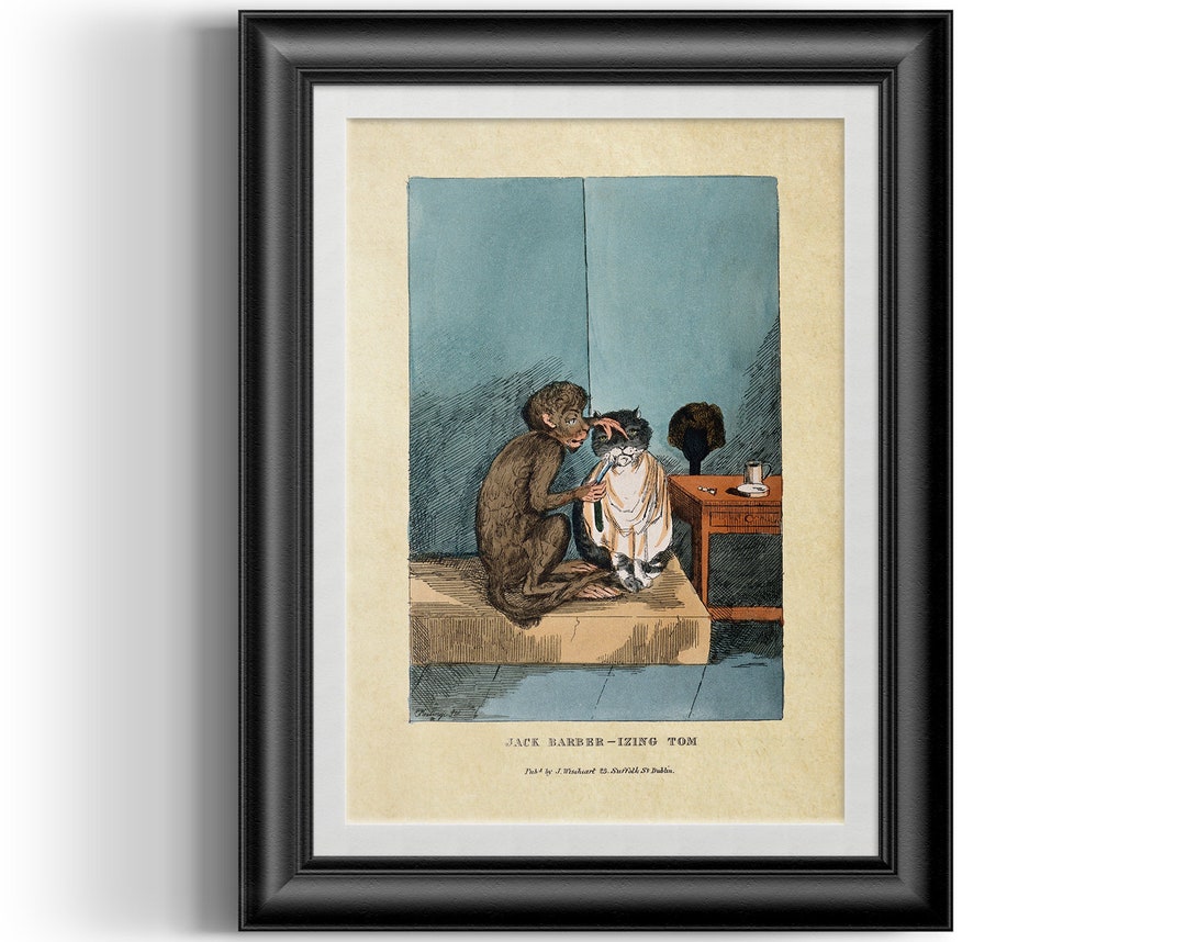 Monkey Shaving a Cat With a Straight Razor, Reproduction Print of a ...