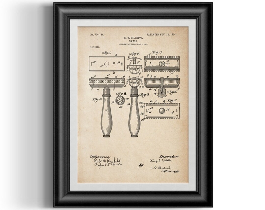 Vintage Gillette Razor Patent Poster Print, Remastered Barber Shop Man ...